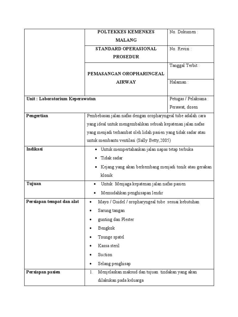 Sop Pemasangan Orofaringeal | PDF