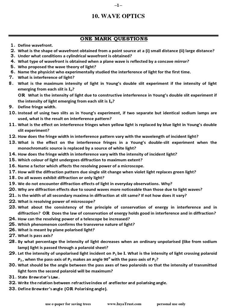 Wave - Optics Inyatrust Important Questions and Answers | PDF ...