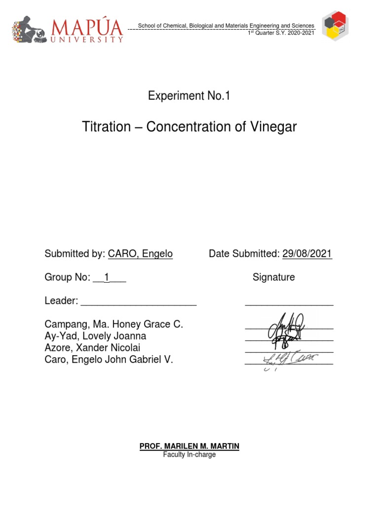 CARO Lab Report 1 Titration of Vinegar | PDF | Chemistry | Titration