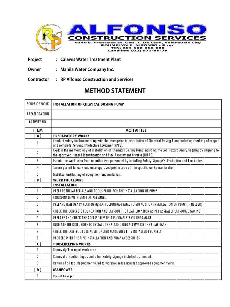 Calawis Method of Statement (Chemical Dosing Pump) | PDF