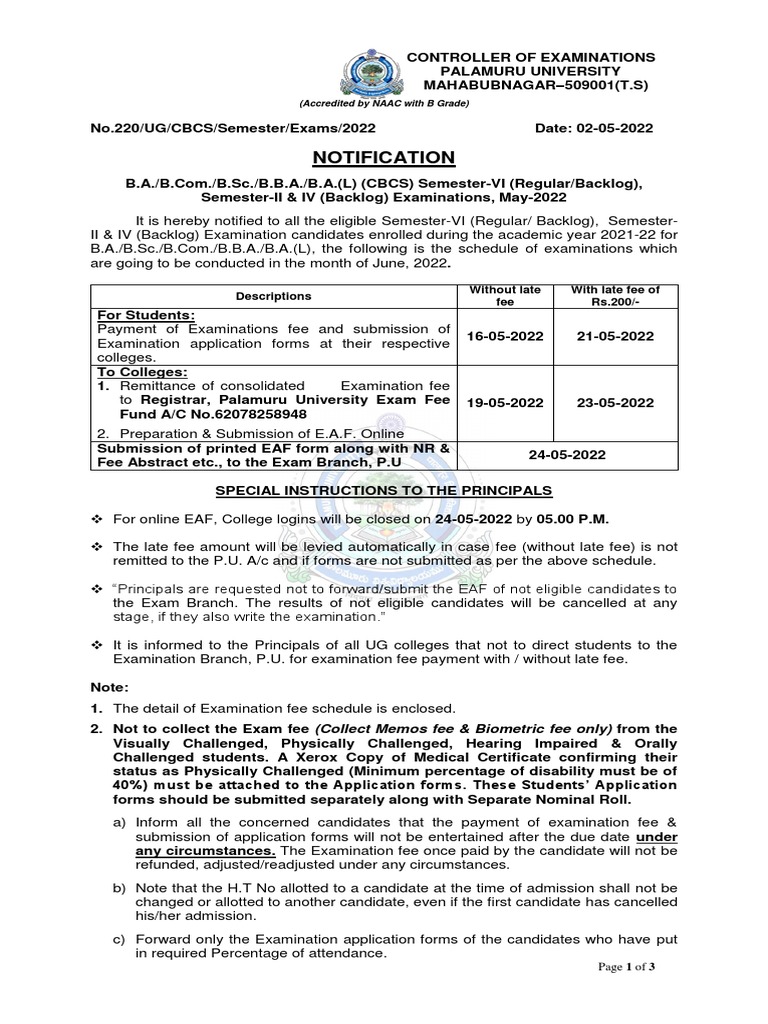 UG Semester-VI (Regular - Backlog) Semester-II & IV (Backlog) Examination Notification May-2022 ...