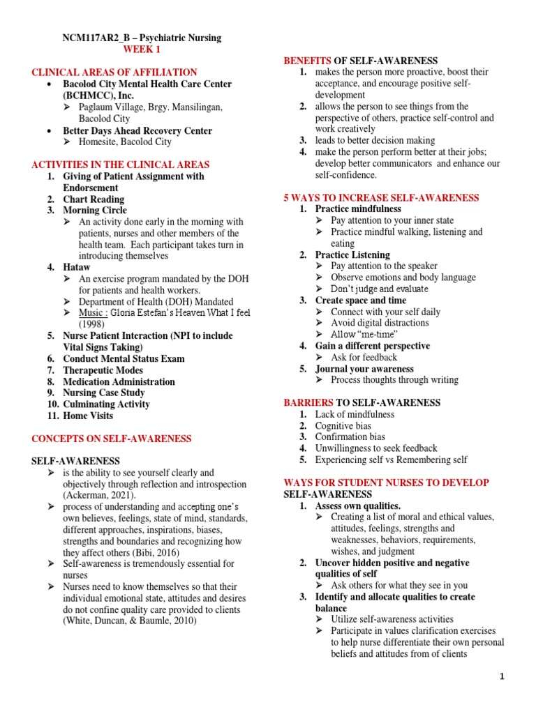 Psychiatric Nursing CE Week 1 Notes | PDF | Self Awareness | Nursing