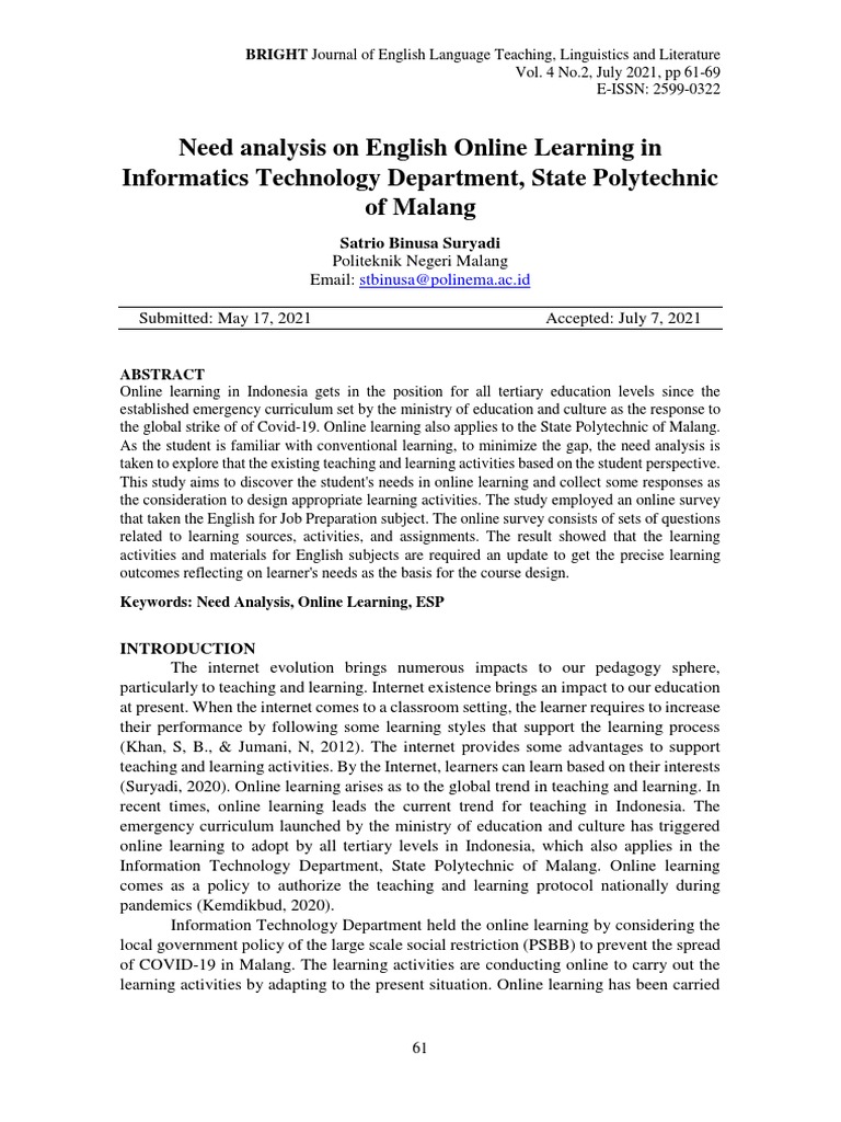 Need Analysis On Online English Learning | PDF | Educational Technology ...