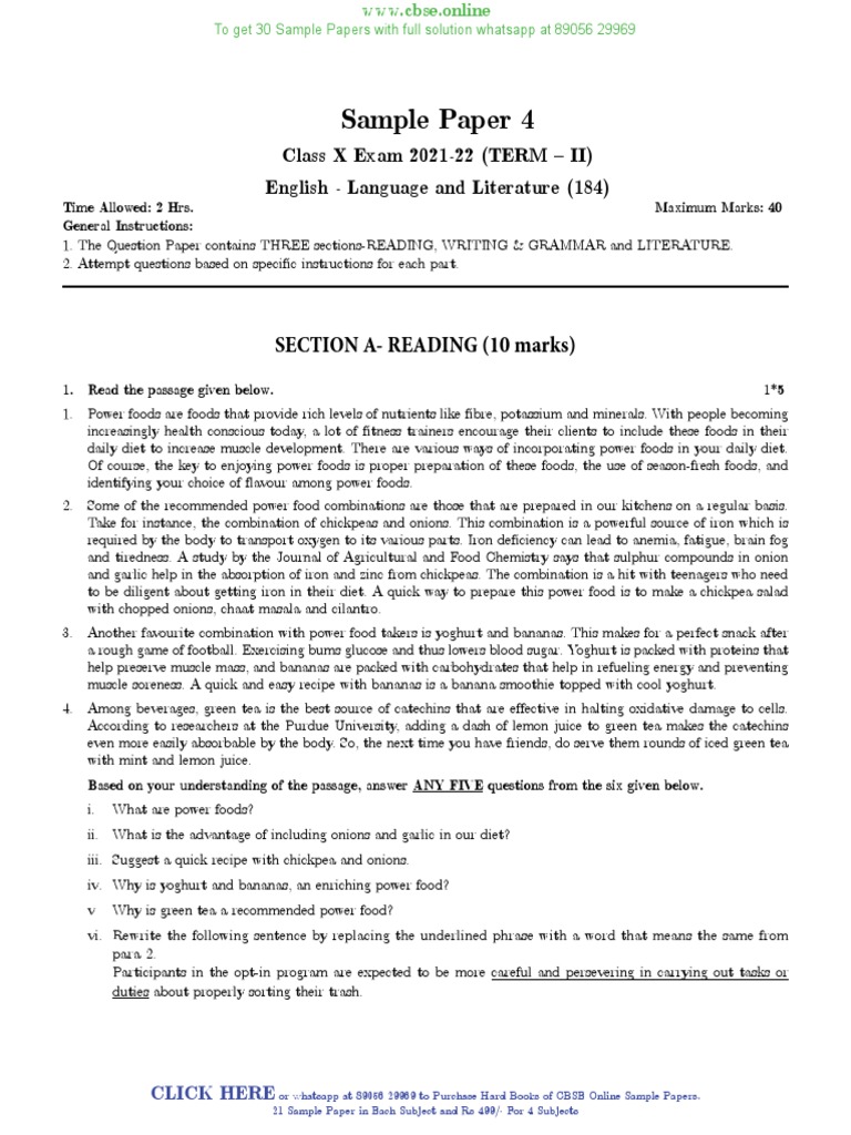 Sample Paper 4: SECTION A-READING (10 Marks) | PDF | Career & Growth ...