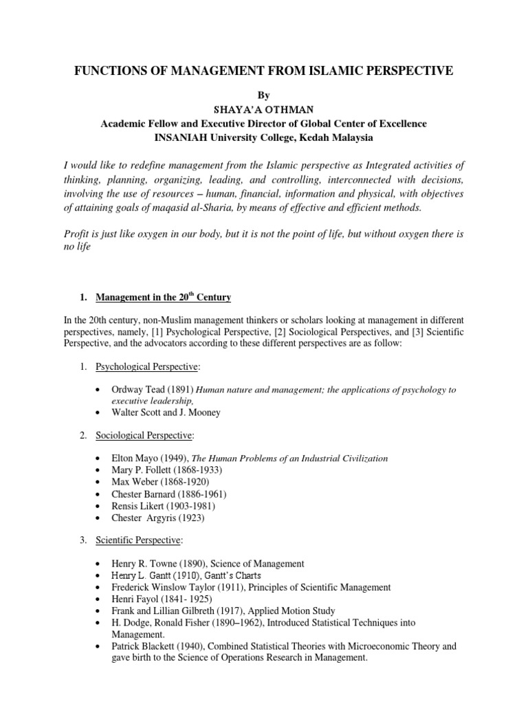 Islamic Management Functions Explained | PDF | Thought | Psychological ...