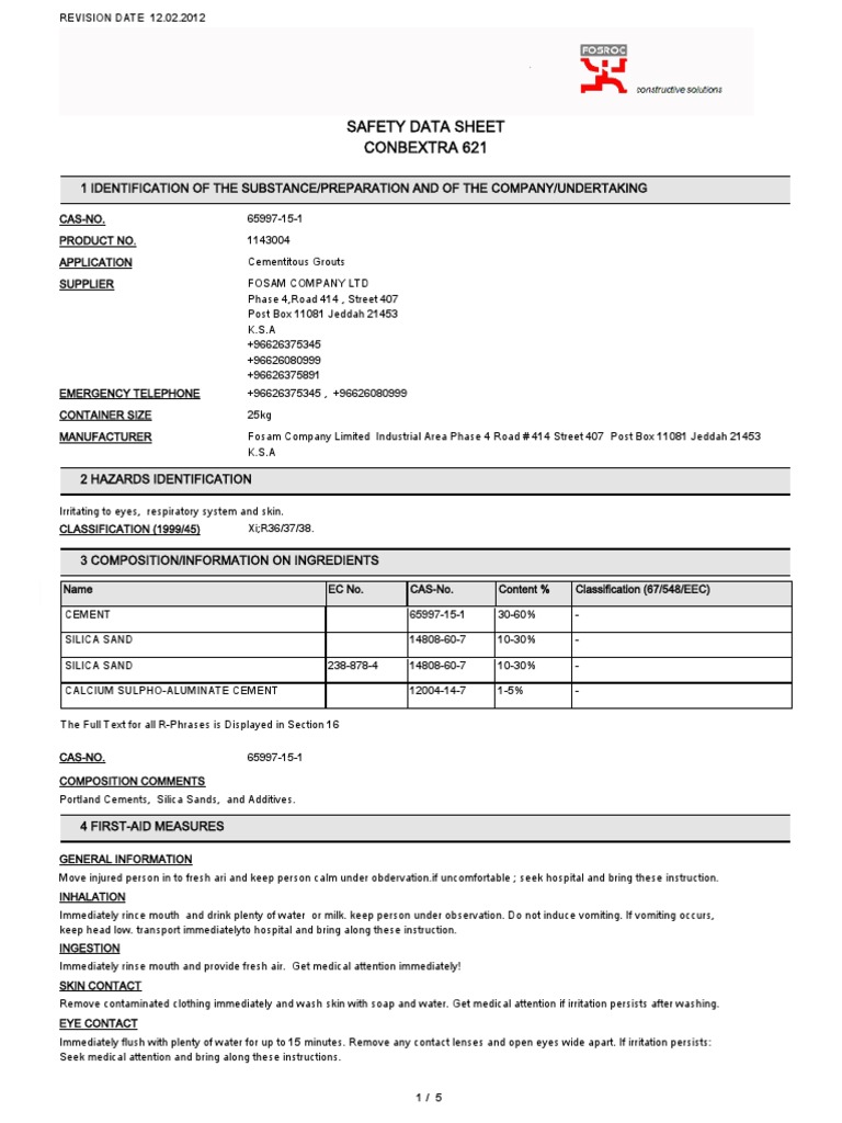 Safety Data Sheet Conbextra 621: 1 Identification of The Substance/Preparation and of The ...