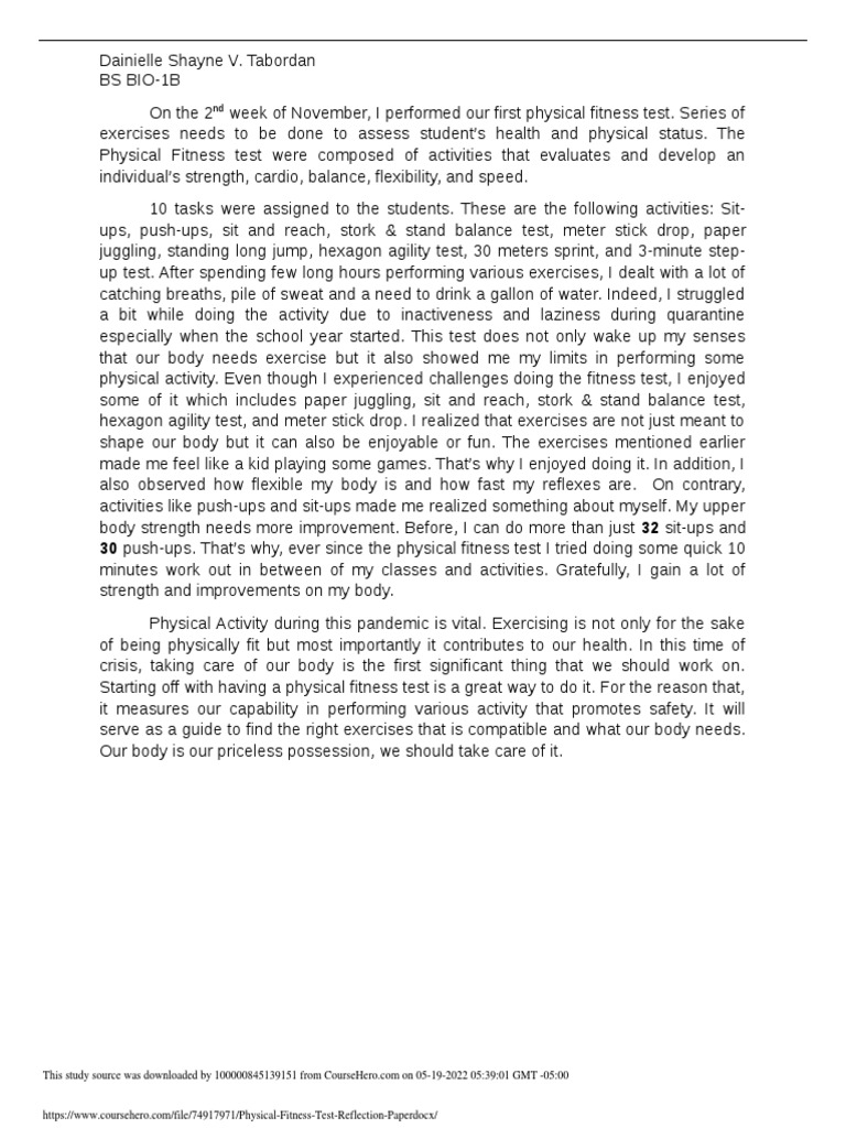 Student Fitness Test Reflection | PDF | Physical Fitness | Physical ...