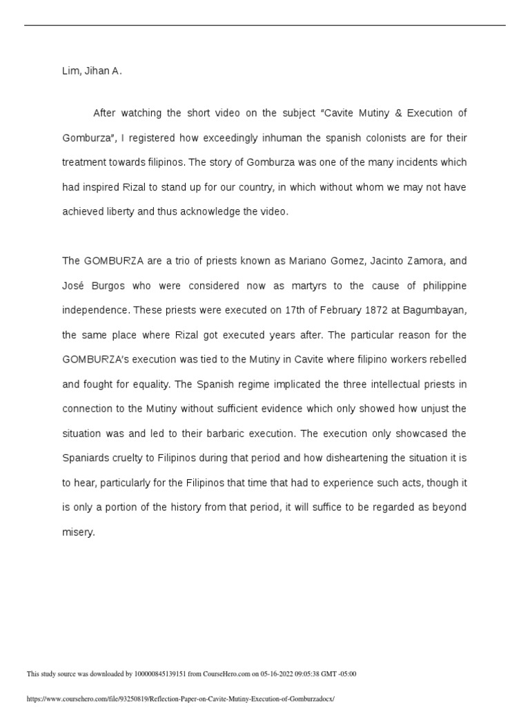 Reflection Paper On Cavite Mutiny Execution of Gomburza | PDF | Spanish ...
