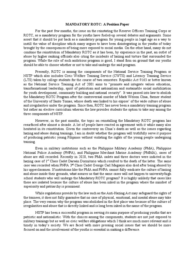 Mandatory ROTC - Position Paper | PDF