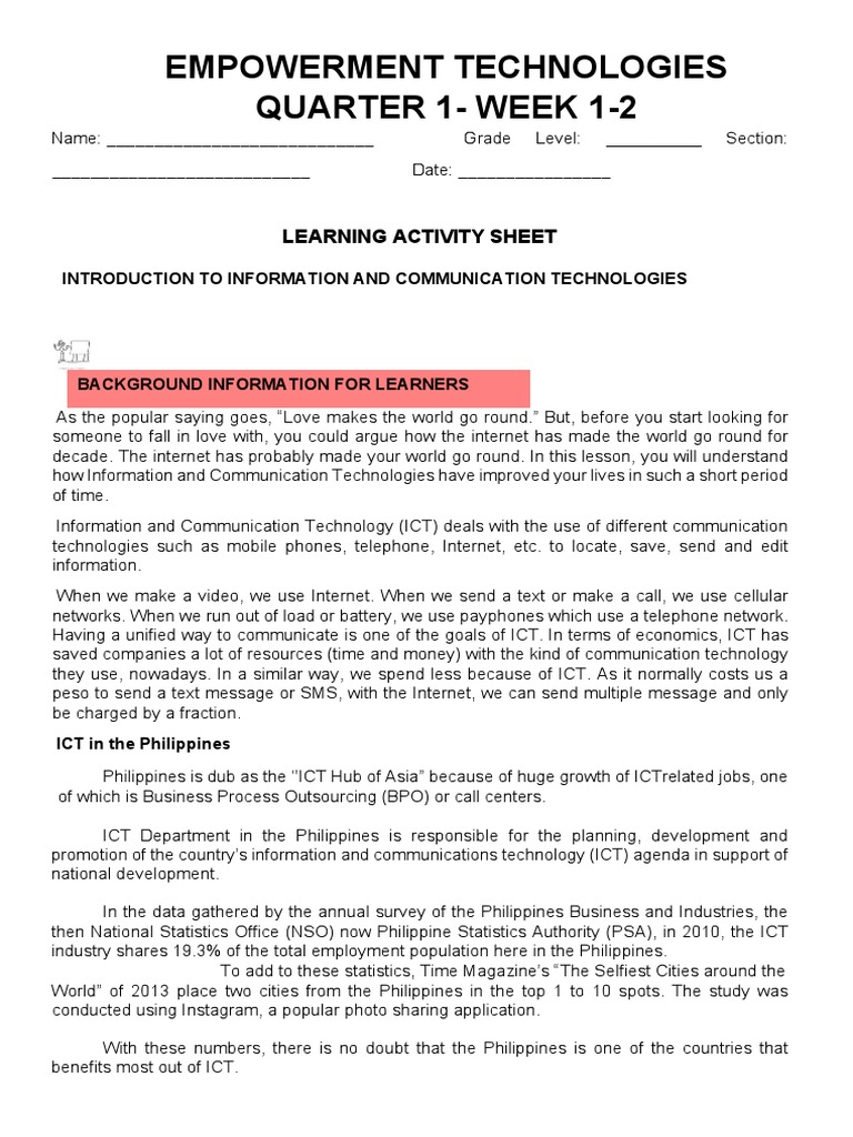 Empowerment Technologies Quarter 1 Week 1-2 | PDF | Information And ...