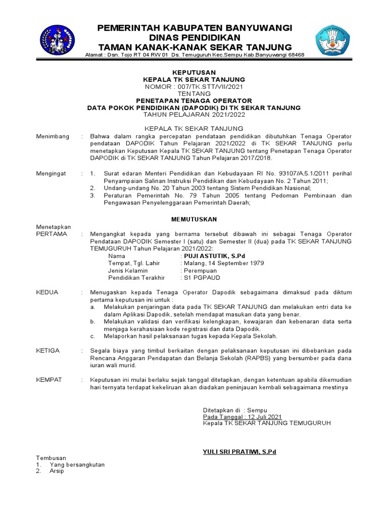 SK Operator Dapodik TK Sekar Tanjung | PDF