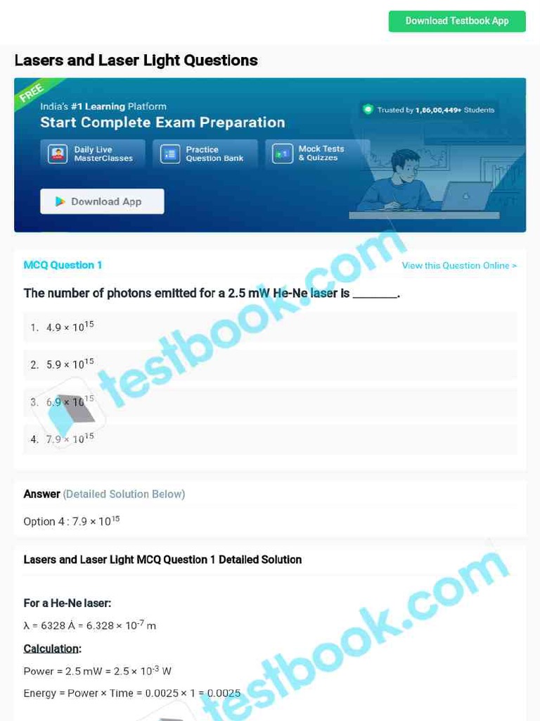 MCQ On Lasers and Laser Light 5eea6a1339140f30f369ef5e | PDF