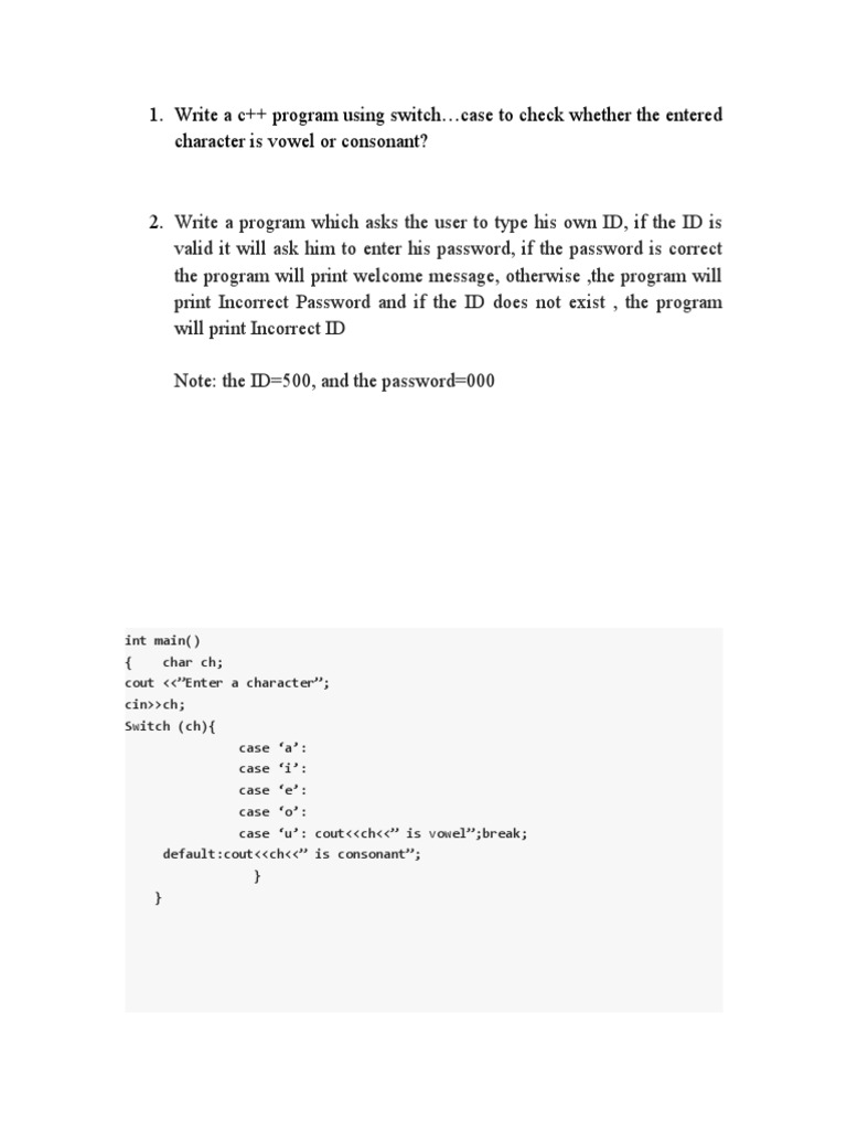 Write A C++ Program Using Switch Case To Check Whether The Entered Character Is Vowel or ...