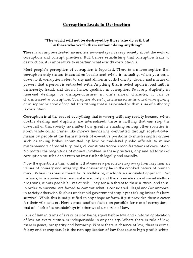 Essay - Corruption Leads To Destruction | PDF | Corruption | Rule Of Law