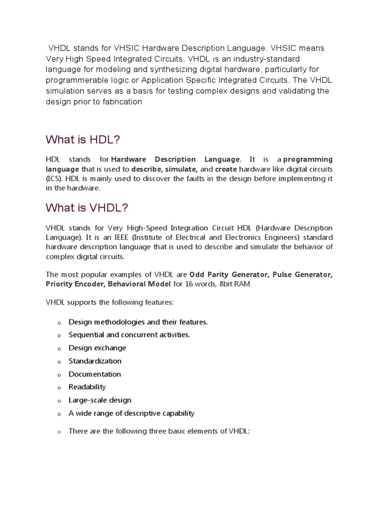 VHDL Stands For VHSIC Hardware Description Language | PDF | Hardware Description Language | Vhdl