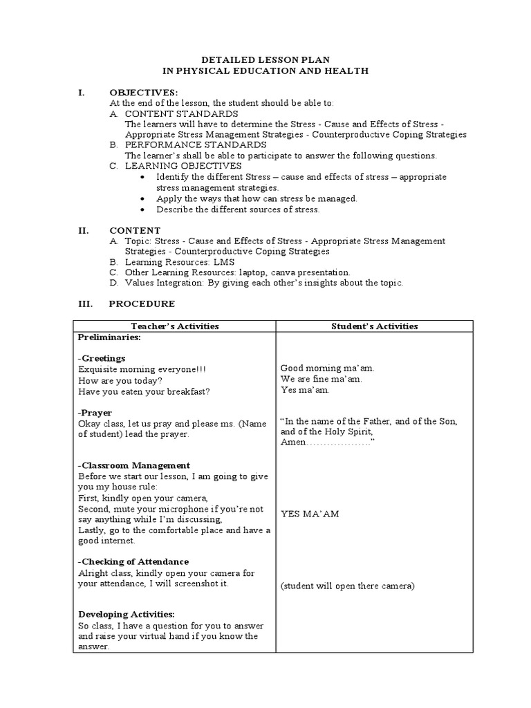 Detailed Lesson Plan in Physical Education and Health I. Objectives ...