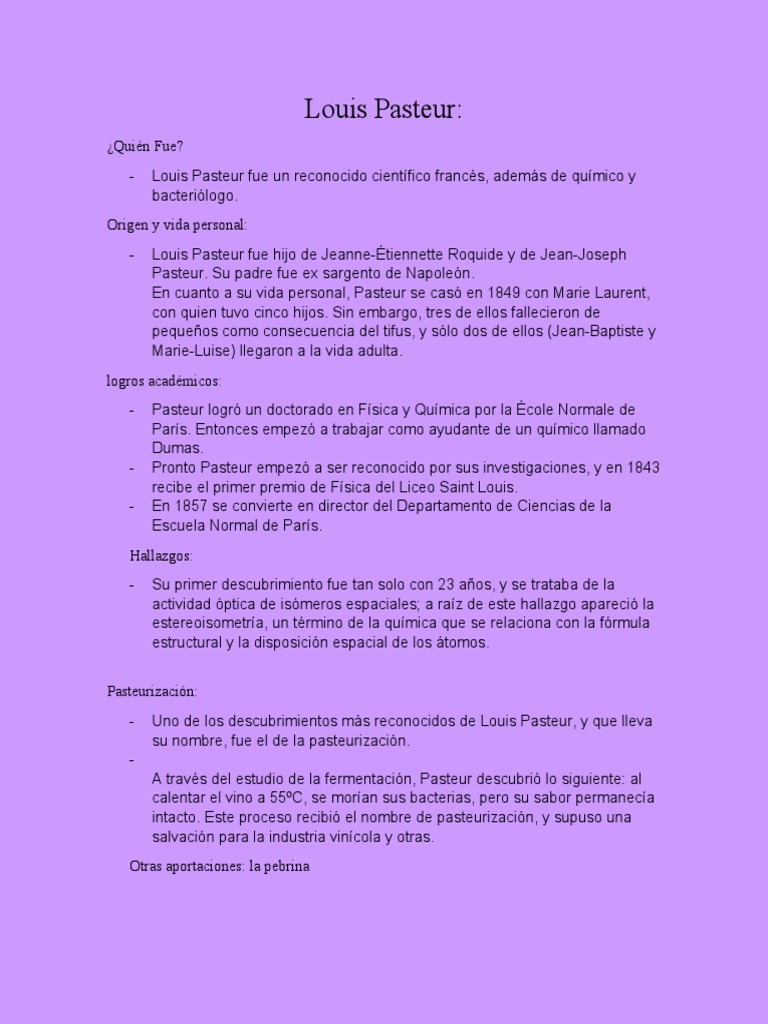 Louis Pasteur: Vida y Logros Científicos | PDF | Luis Pasteur ...