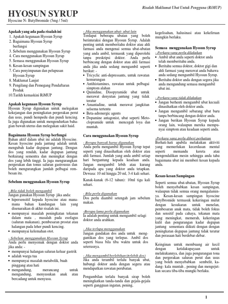 Hyosun Syrup Hyoscine Butylbromide SUNWARD PHARMACEUTICAL SDN. BHD ...