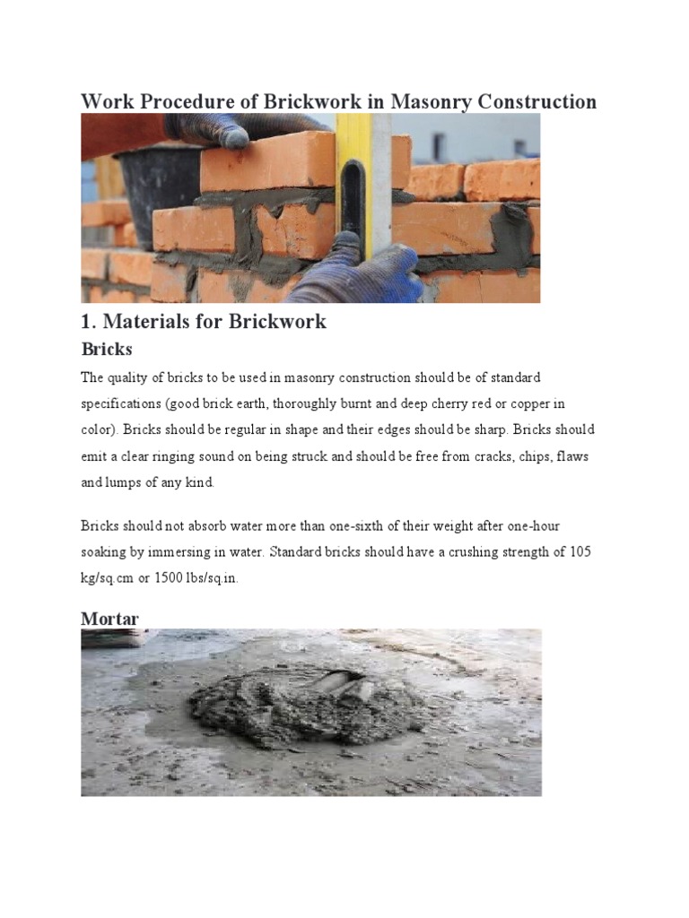Brickwork Procedure in Masonry Construction | PDF | Mortar (Masonry ...