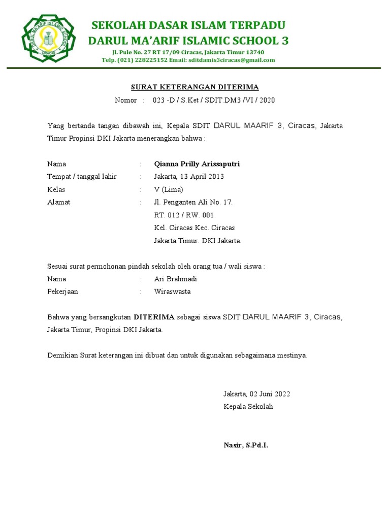 Surat Keterangan Diterima | PDF