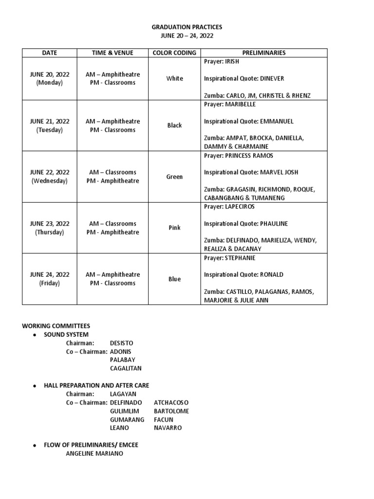 Graduation Practices Date Time & Venue Color Coding Preliminaries | PDF
