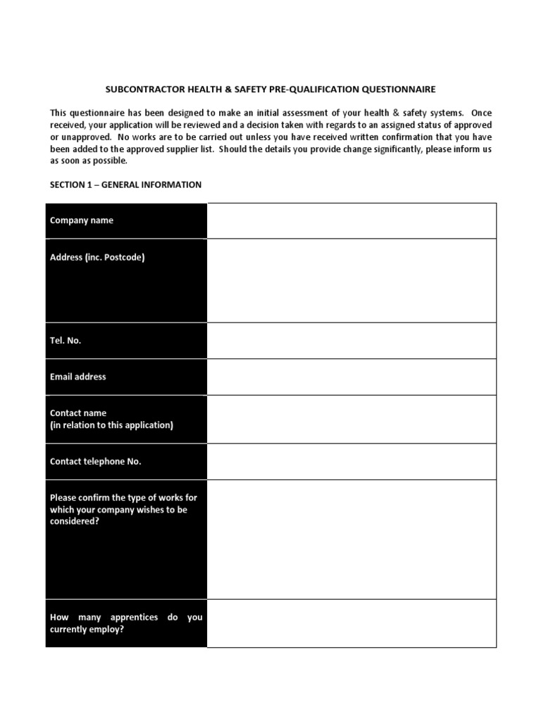 Subcontractor Health & Safety Pre-Qualification Questionnaire | PDF ...