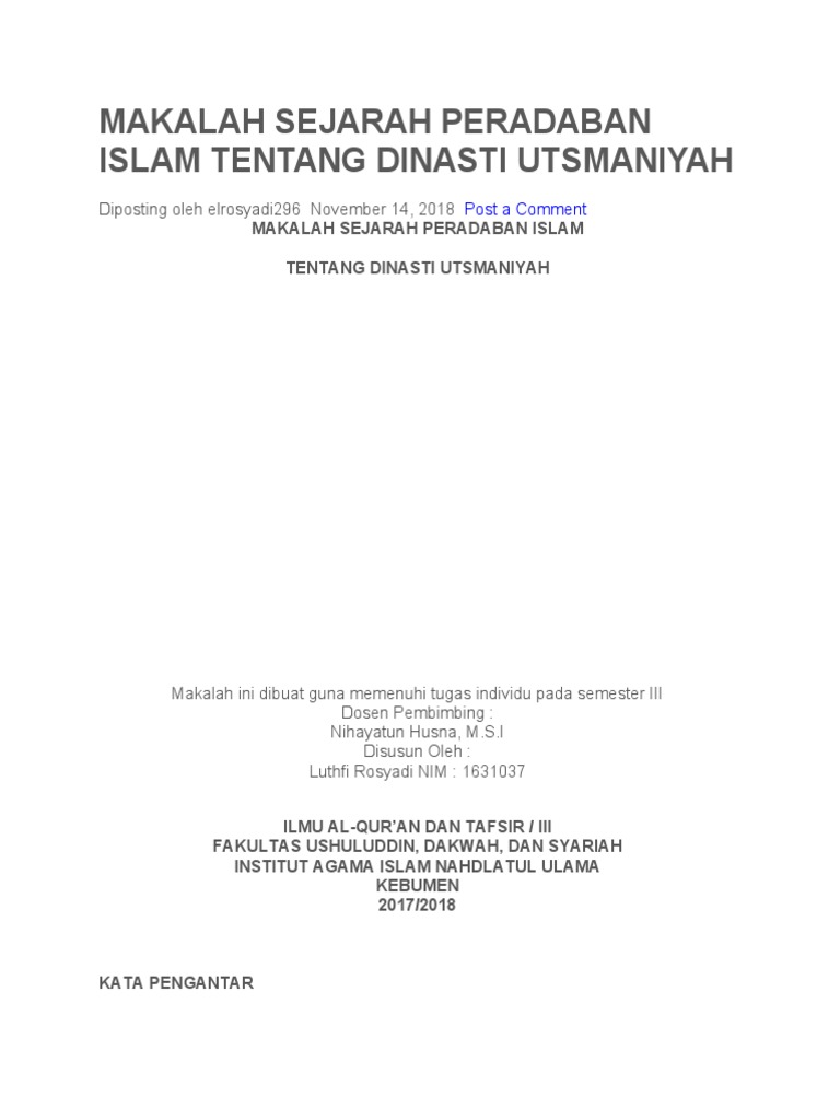 Makalah Sejarah Peradaban Islam Tentang Dinasti Utsmaniyah | PDF