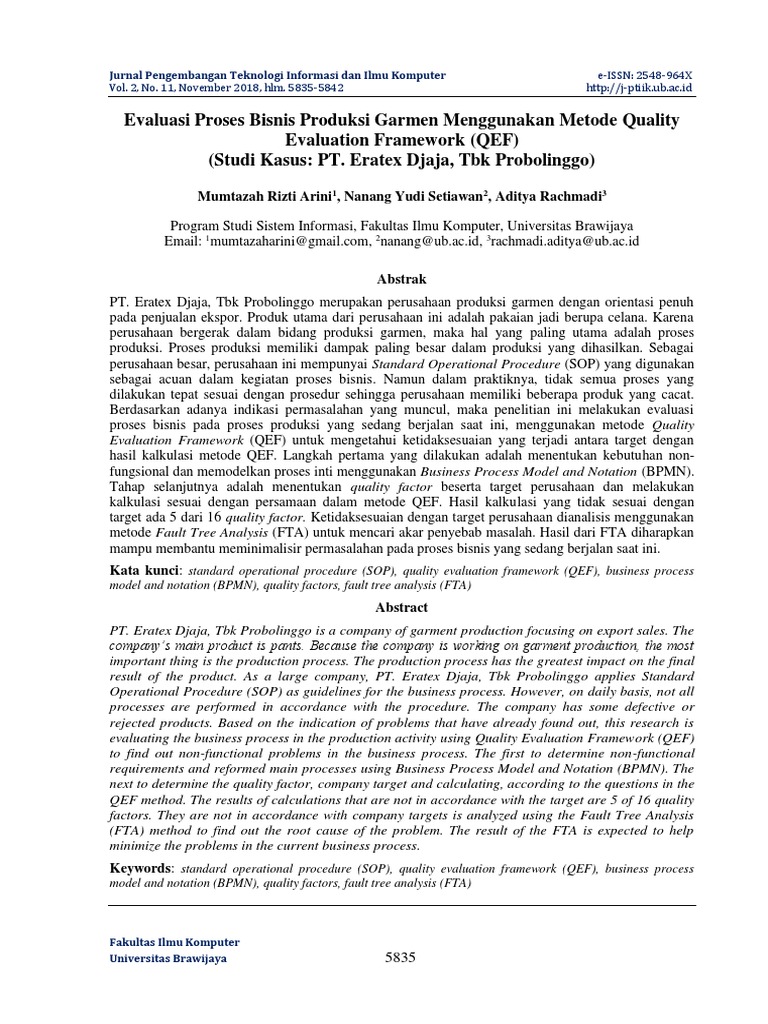 Evaluasi Proses Bisnis Produksi Garmen Menggunakan Metode Quality ...