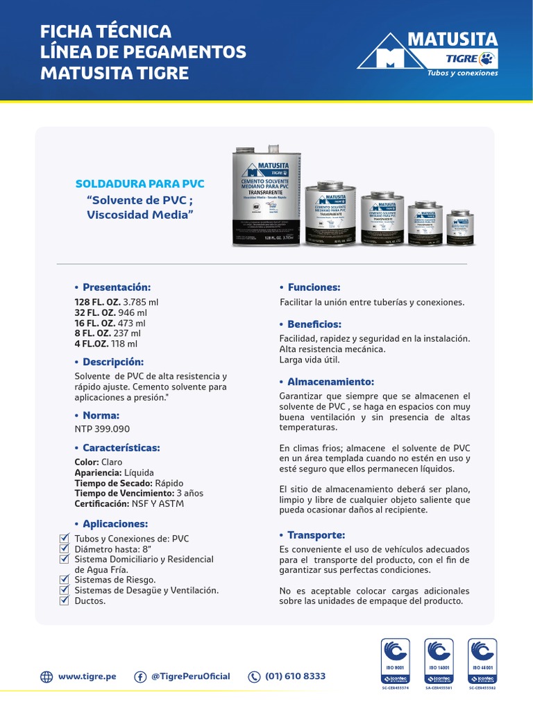 Ficha Técnica Pegamentos Matusita Tigre | PDF | Líquidos | Solvente
