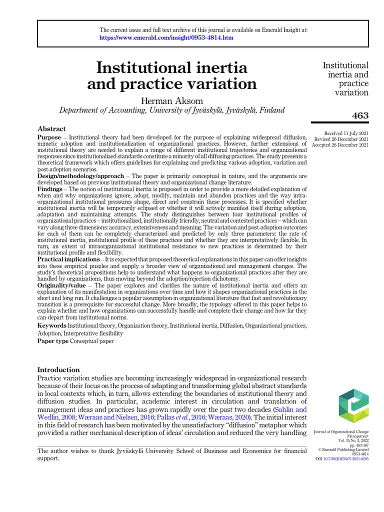Aksom - 2022 - Institutional Inertia and Practice Variation | PDF | Theory | Adoption