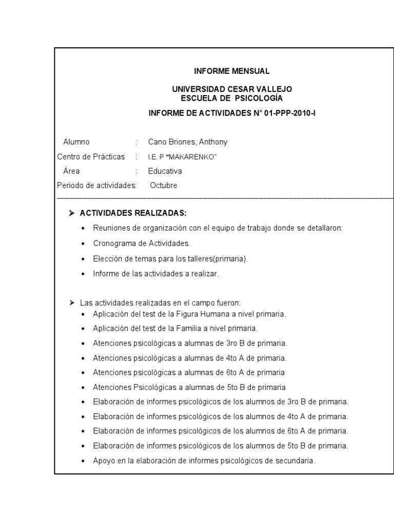 Informe Mensual Octubre Anthony | PDF | Sicología