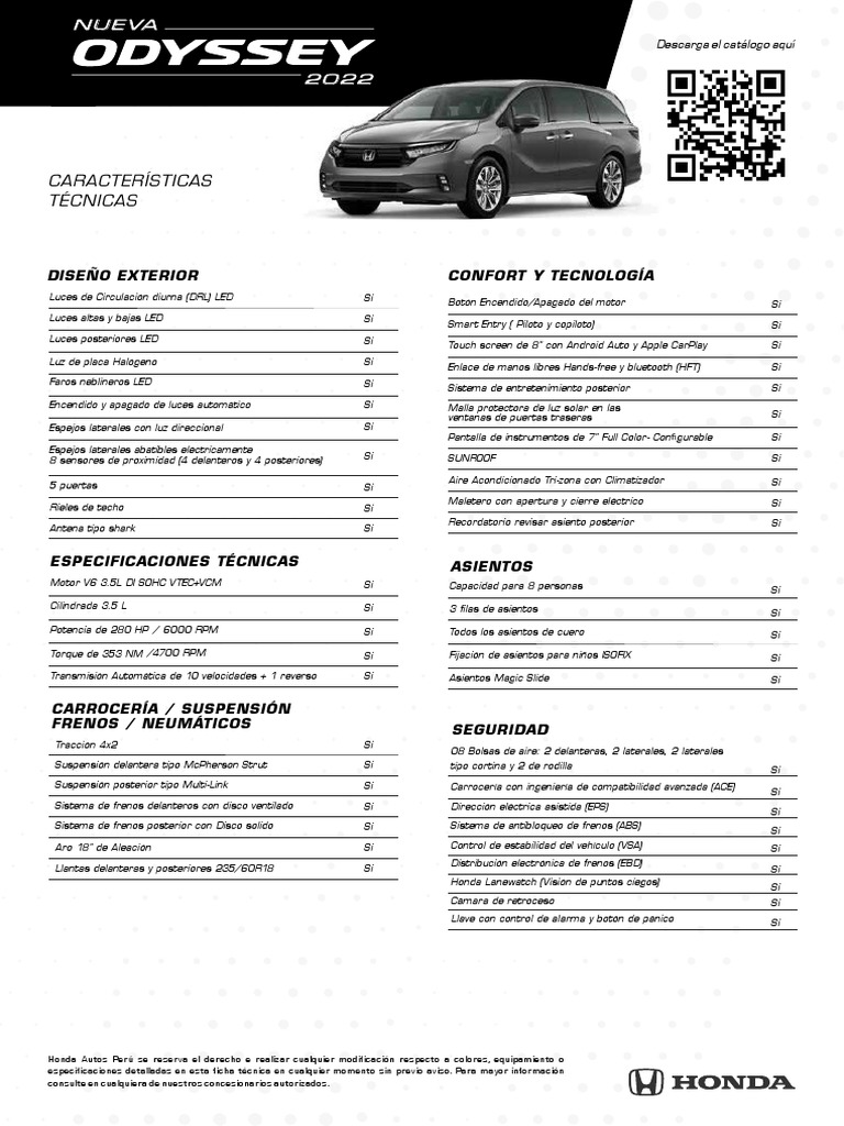 Ficha Tecnica ODYSSEY 2021 | PDF | Diodo emisor de luz | Sistema de freno antibloqueo