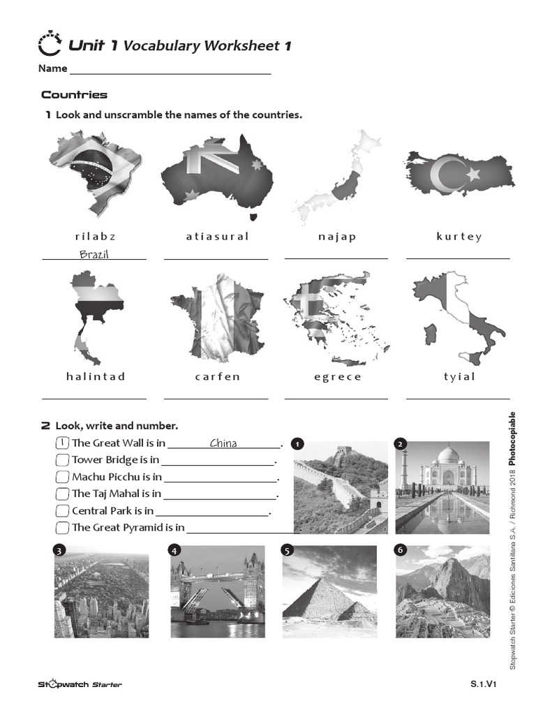 Vocabulary Worksheet: Unit 1 1 | PDF