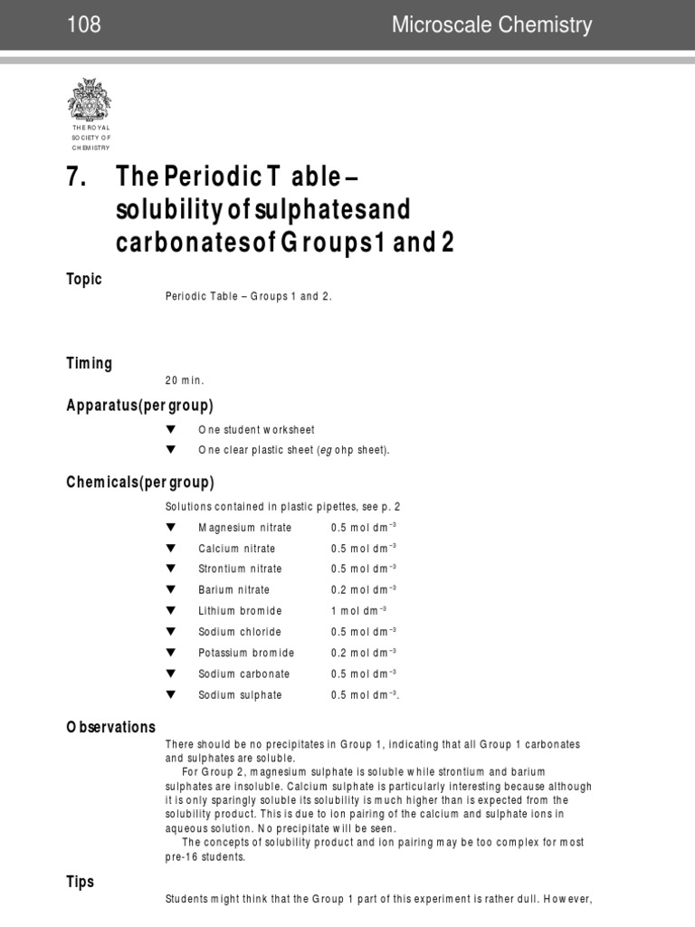 The Periodic T Able - Solubility of Sulphates and Carbonates of Groups ...