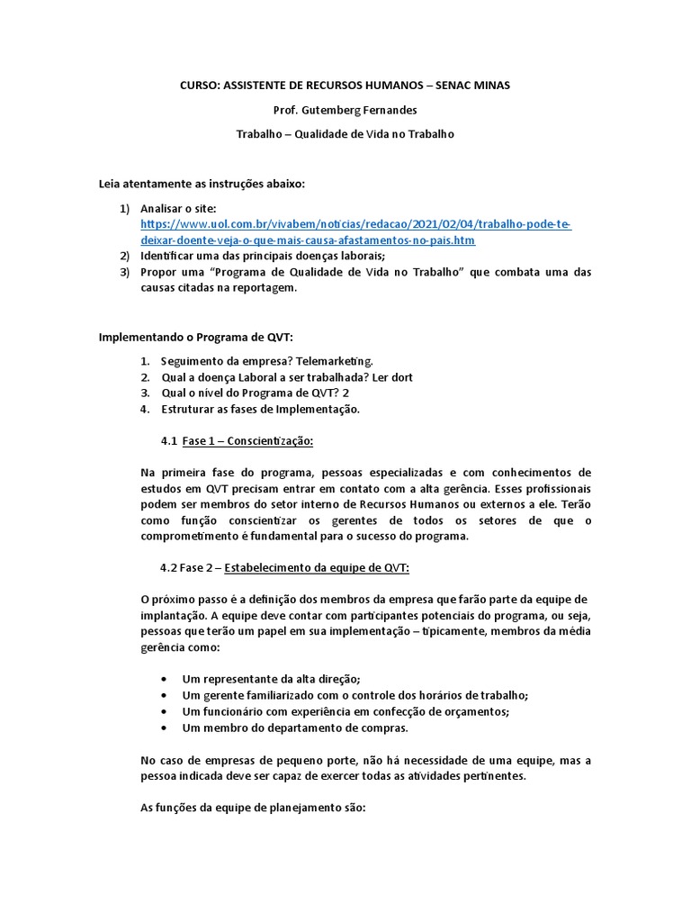 Atividade - Implementando Um Programa de QVT | PDF | Gestão de recursos ...