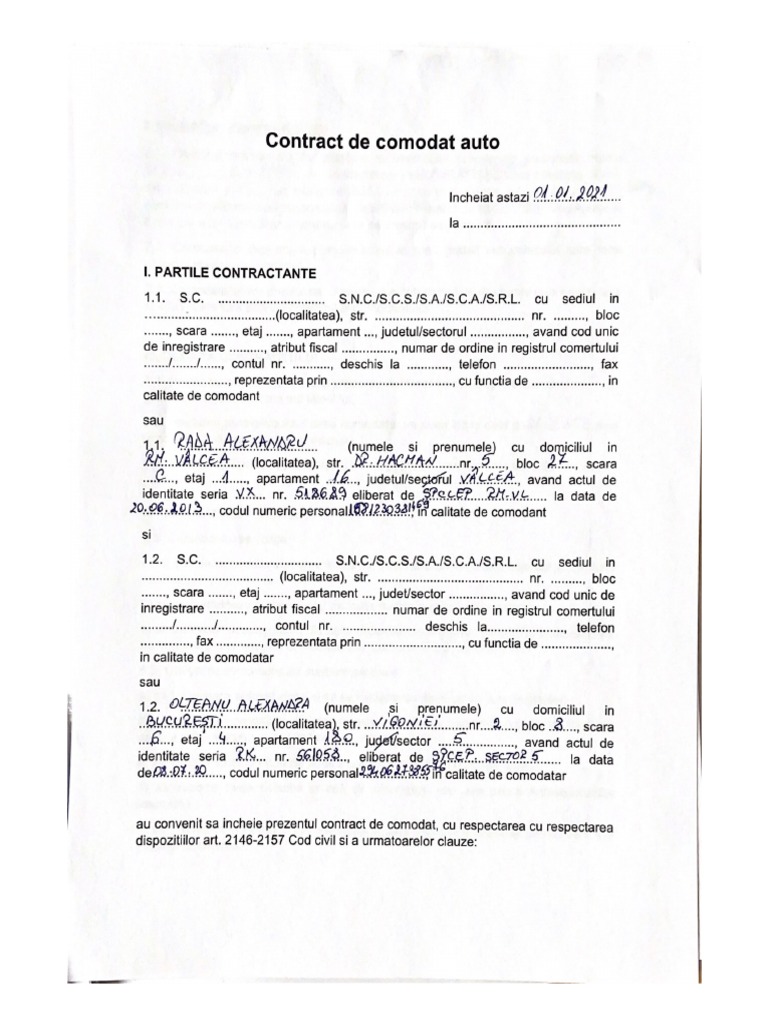 Contract de Comodat Auto | PDF