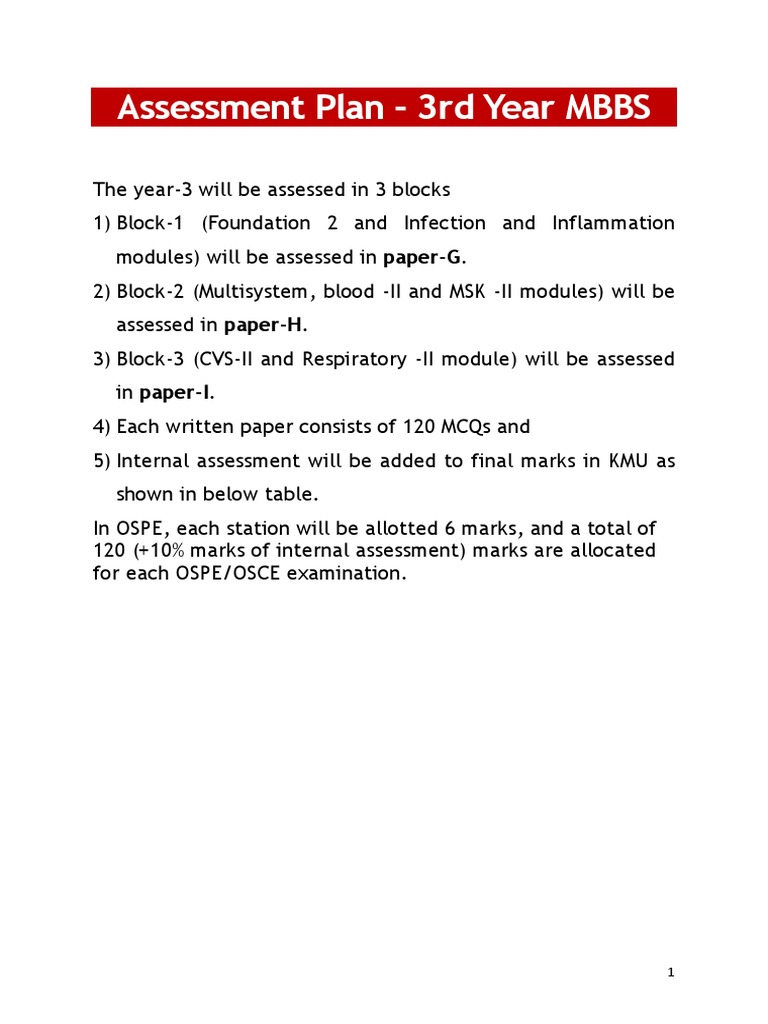 Assessment Plan - 3rd Year MBBS | PDF | Medicine | Pathology