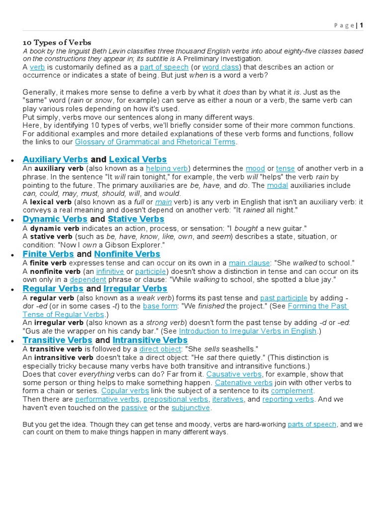 10 Types Of Verbs Pdf Verb Morphology