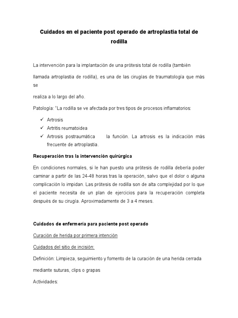 Cuidados en El Paciente Post Operado de Artroplastia Total de Rodilla ...