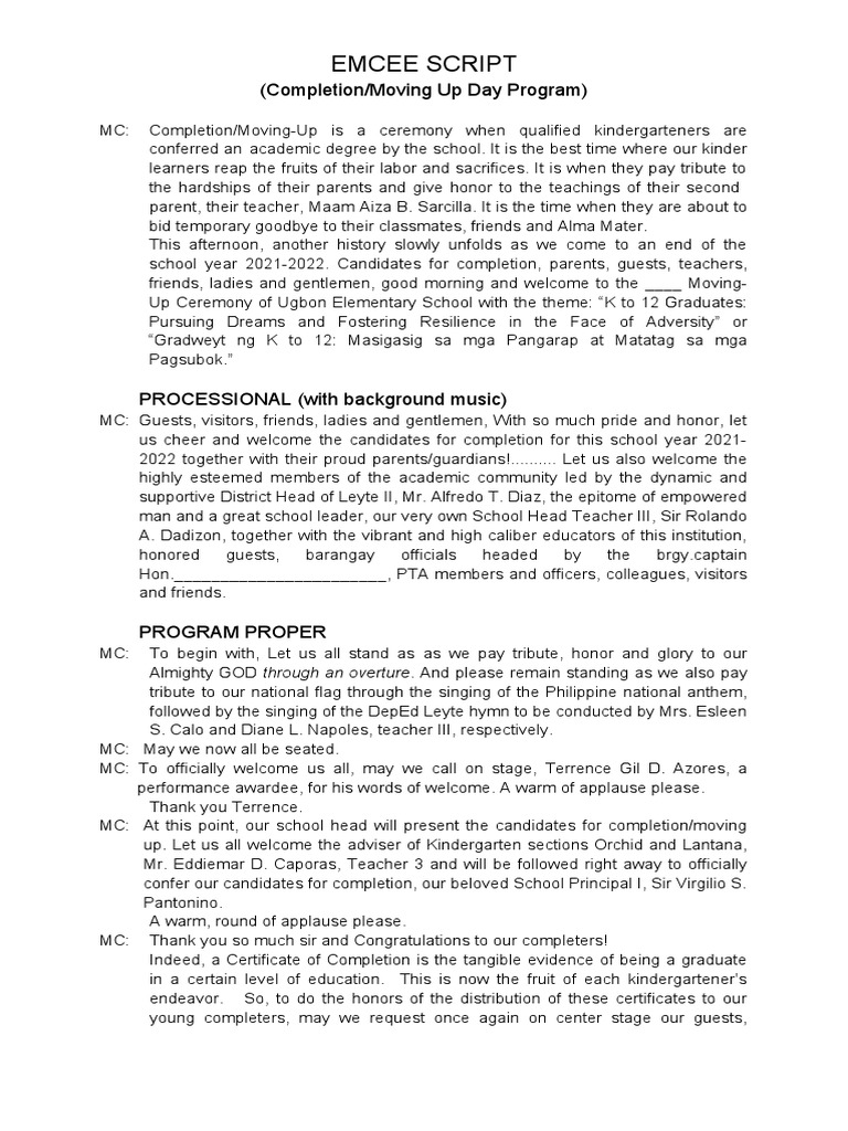 Emcee Script Completion Moving Up Day Program Pdf