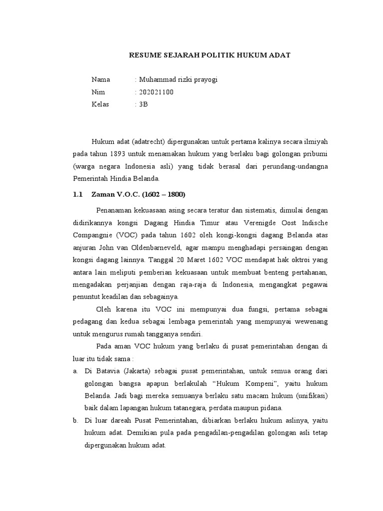 RESUME - Sejarah Politik Hukum Adat - Muhammad Rizki Prayogi | PDF