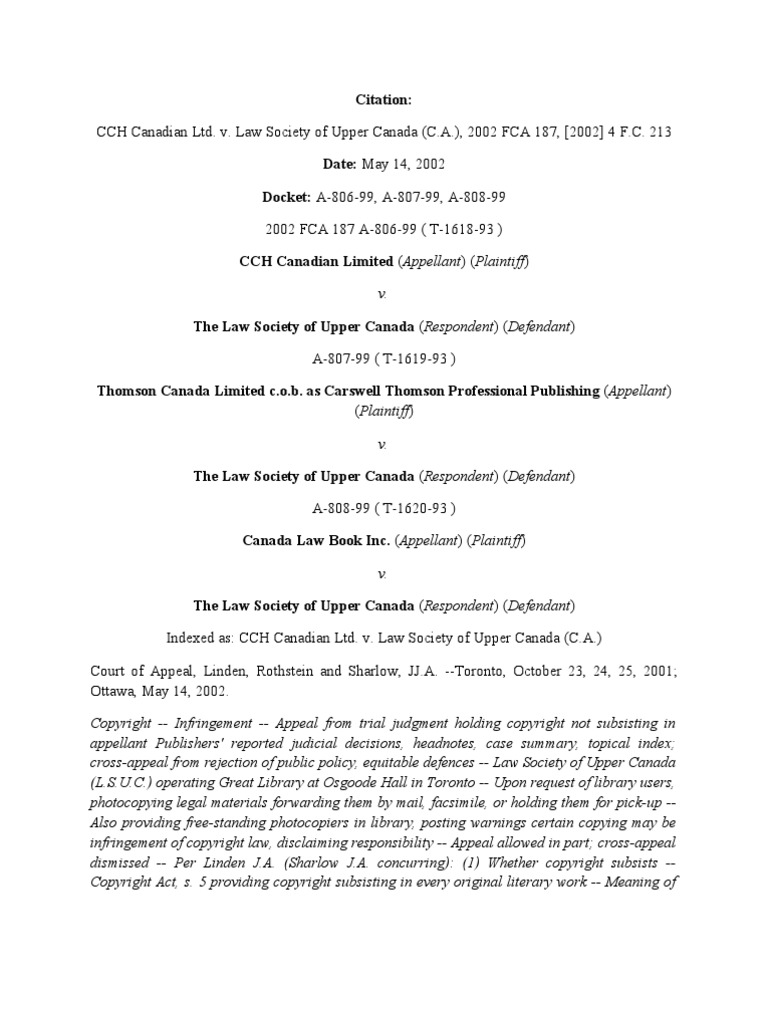 CCH Canadian Limited | PDF | Fair Dealing | Copyright Infringement