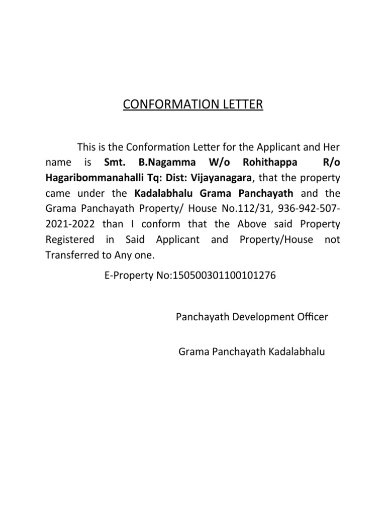 Conformation Letter: Hagaribommanahalli TQ: Dist: Vijayanagara, That ...