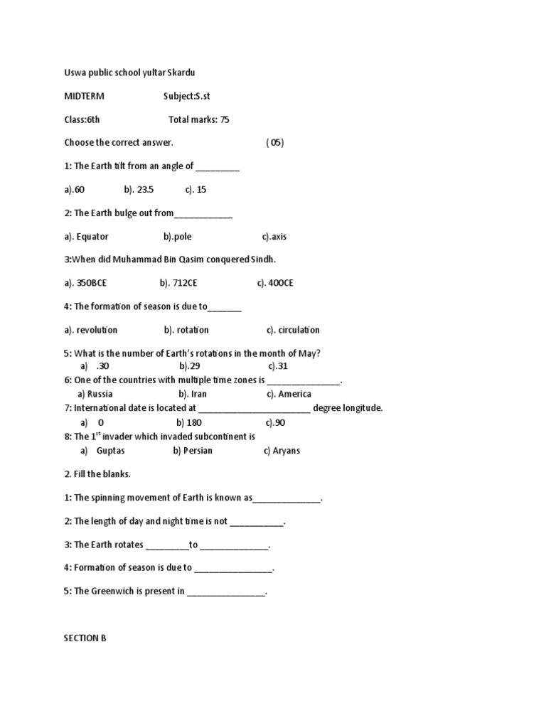 Midterm Examination for Sixth Grade Social Studies Covering Key ...