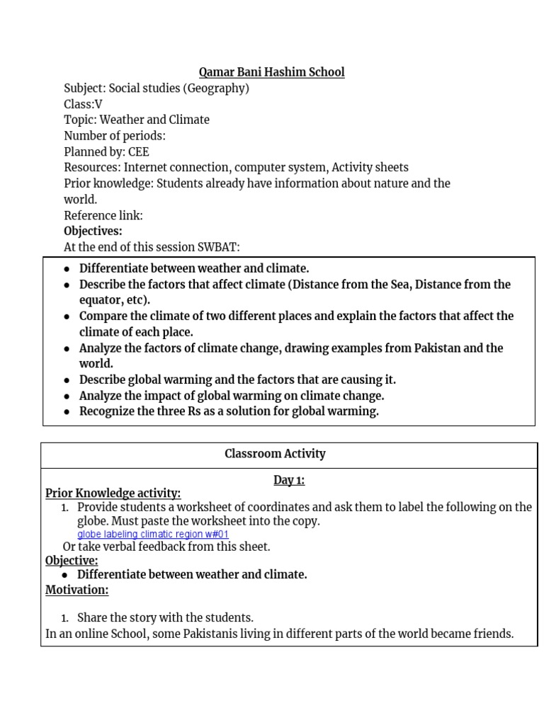 Weather and Climatic Lesson Plan Class V | PDF | Climate | Climate Change