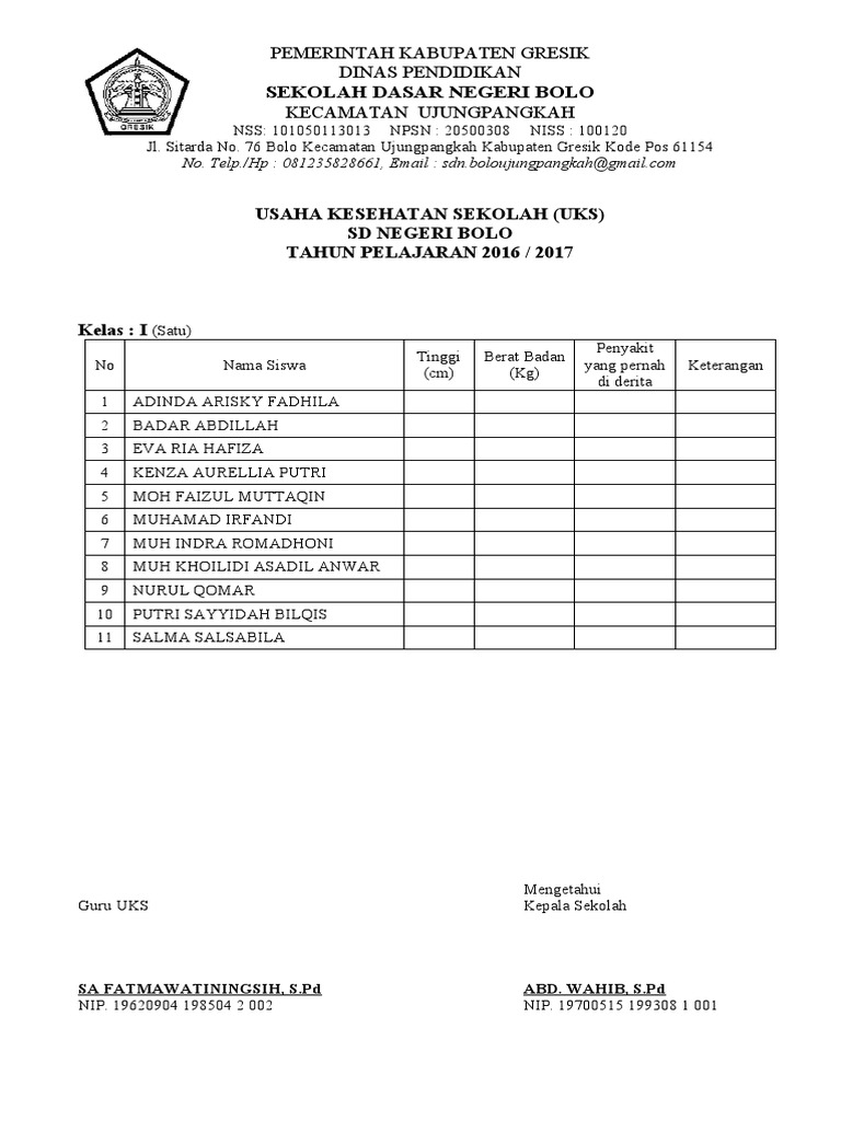 Catatan Kesehatan Siswa Uks | PDF