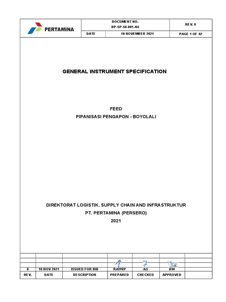 BP SP 50 001 A4 General Instrument Specification | PDF | Pipe (Fluid ...
