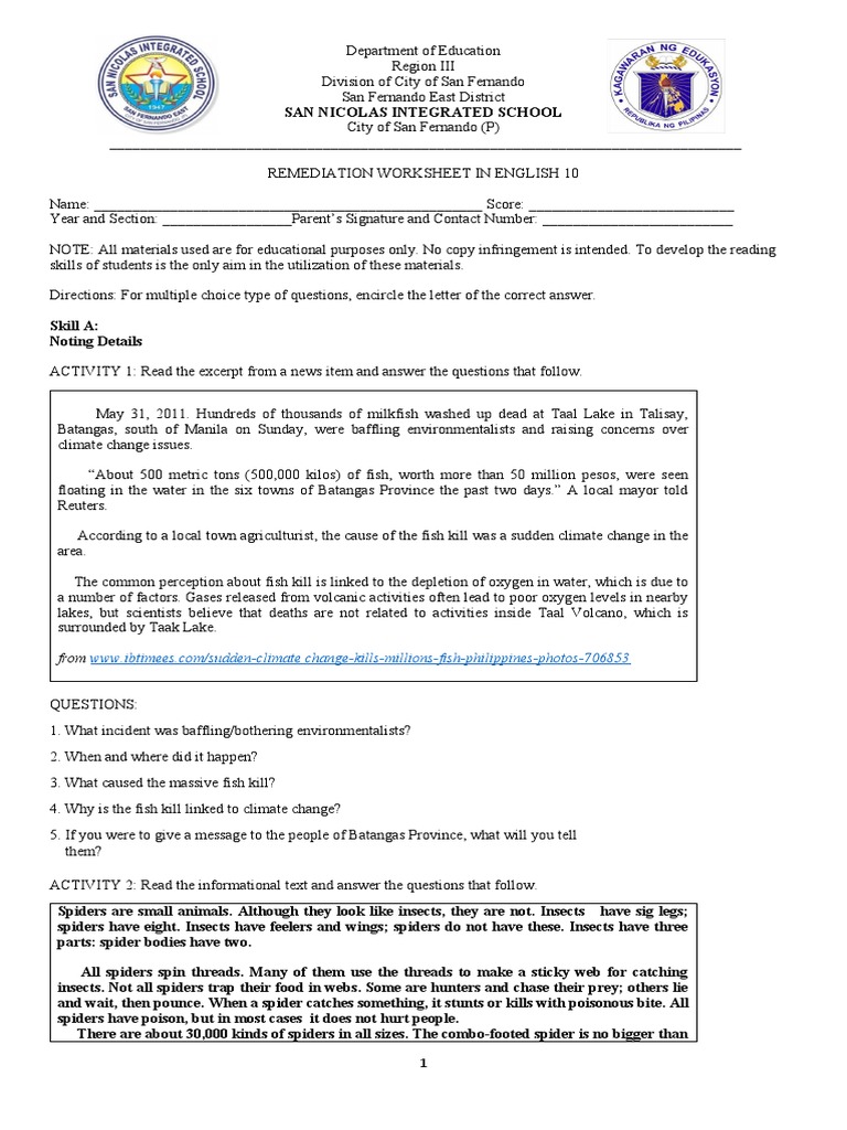 FOR-GRADE-9-and-10-remediation Worksheet | PDF | Spider | Spider Web