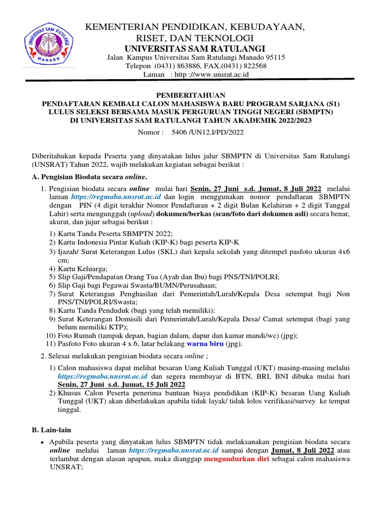 Pengumuman Pendaftaran Ulang SBMPTN 2022 | PDF