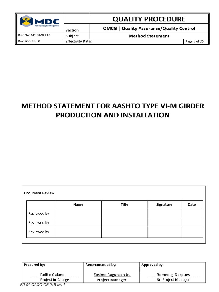 Method Statement for Production and Installation of AASHTO Type VI-M ...